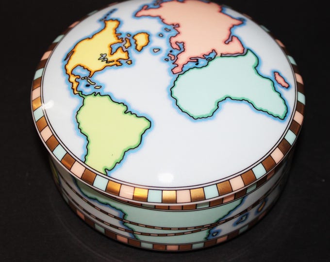 Tiffany and Co World Map Trinket Box Porcelain Globe Jewelry Case Round ...