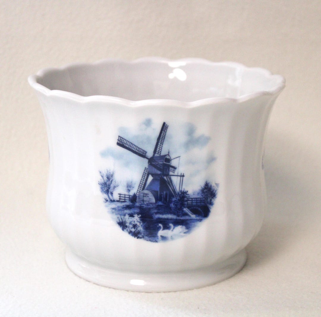 Vintage Delft Blue & White Porcelain Planter: Royal Schwabap Windmill ...