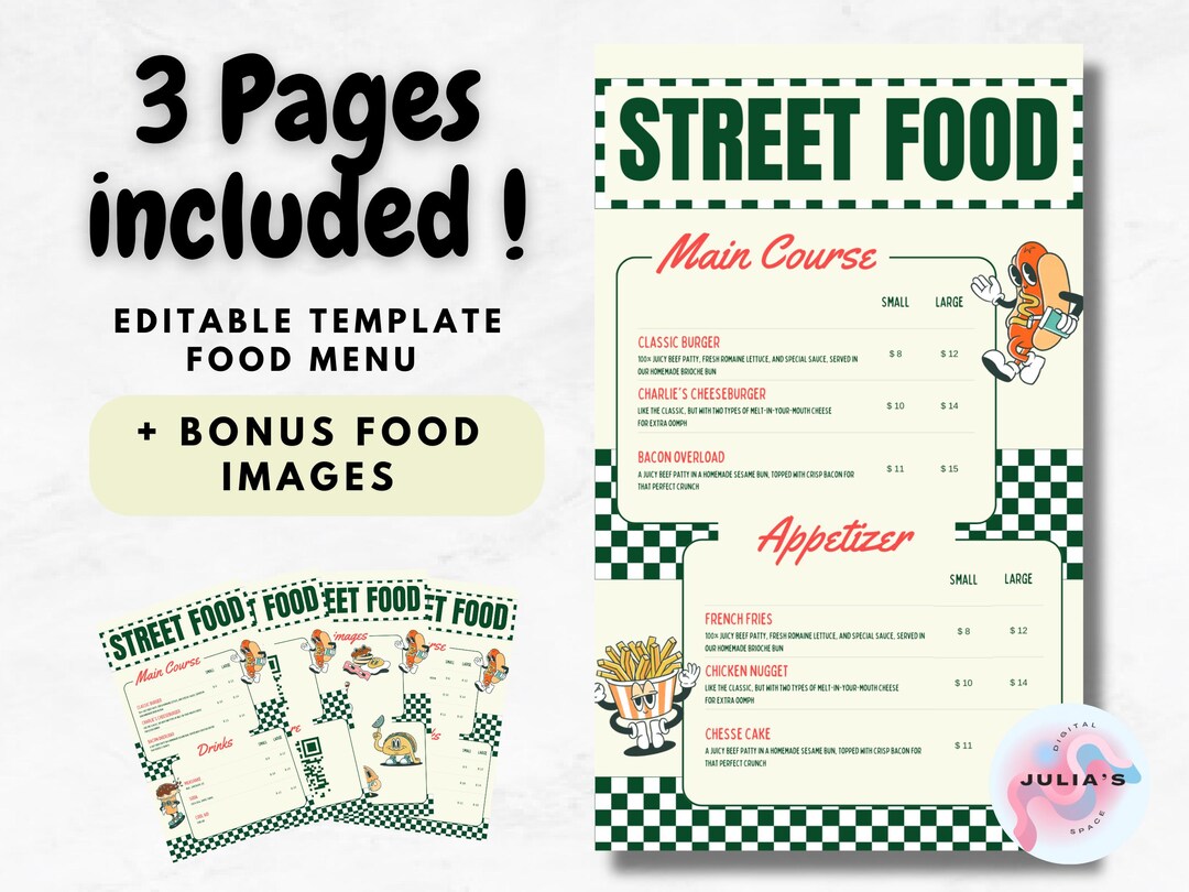 Editable Street Food Menu Template | 3 Pages | Customizable | Bonus ...