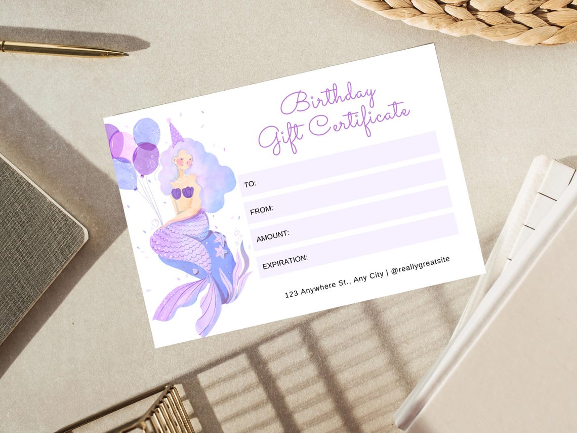 Mermaid Birthday Gift Certificate Template | Editable Canva Voucher ...