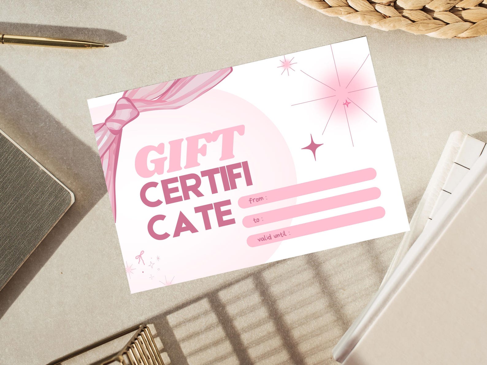 Feminine Gift Card, Bow Design, Pink Gift Certificate, Elegant Gift ...
