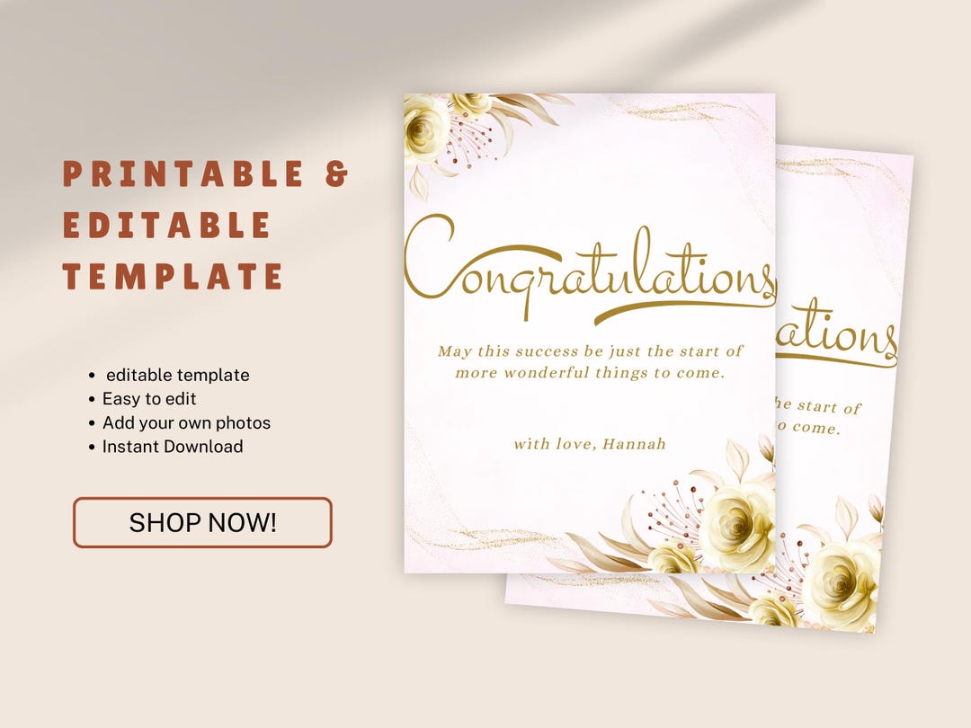 Floral Watercolor Congratulations Card, Editable Template (digital ...