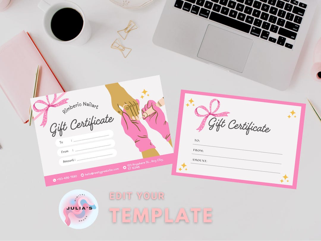 Editable Nail Art Gift Certificate Template | Pink Printable Gift Card ...