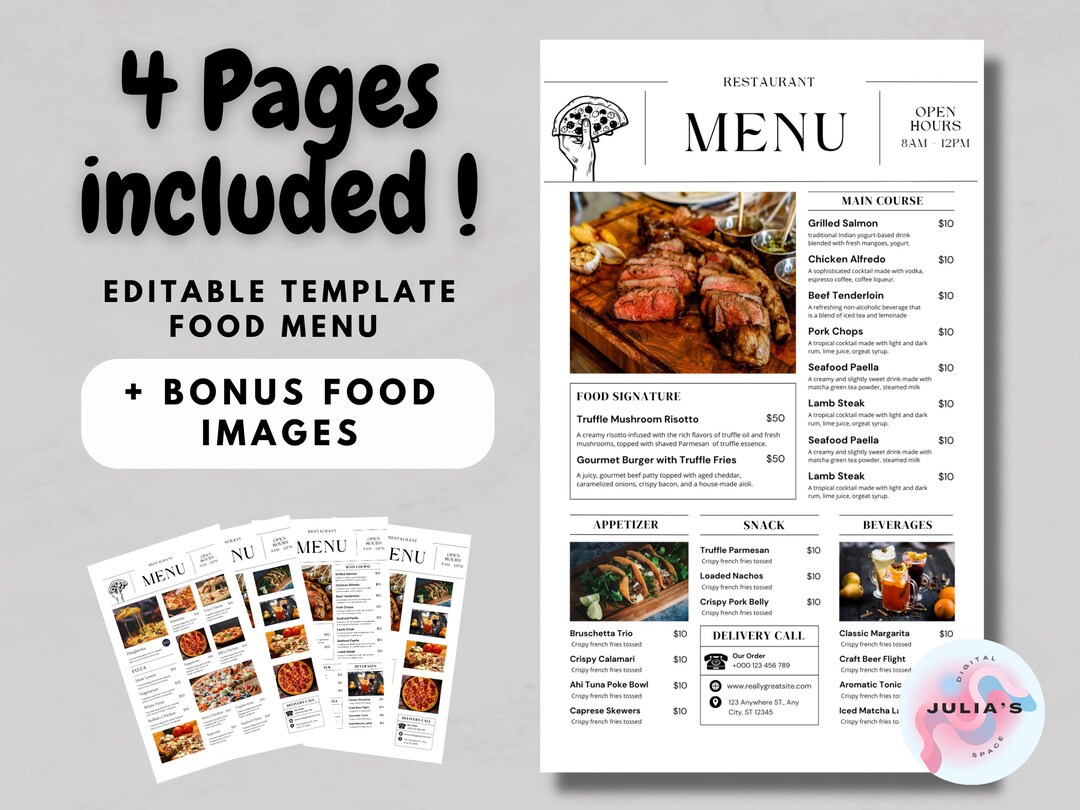 Editable Classic Restaurant Menu Template | 4 Pages | Bonus Food Images ...