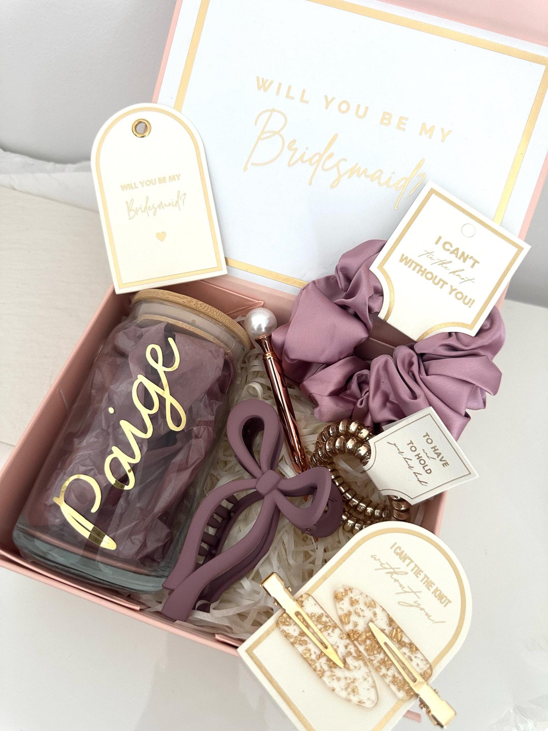 Personalized Bridesmaid Proposal Box: Glass, Scrunchie & Hair ...