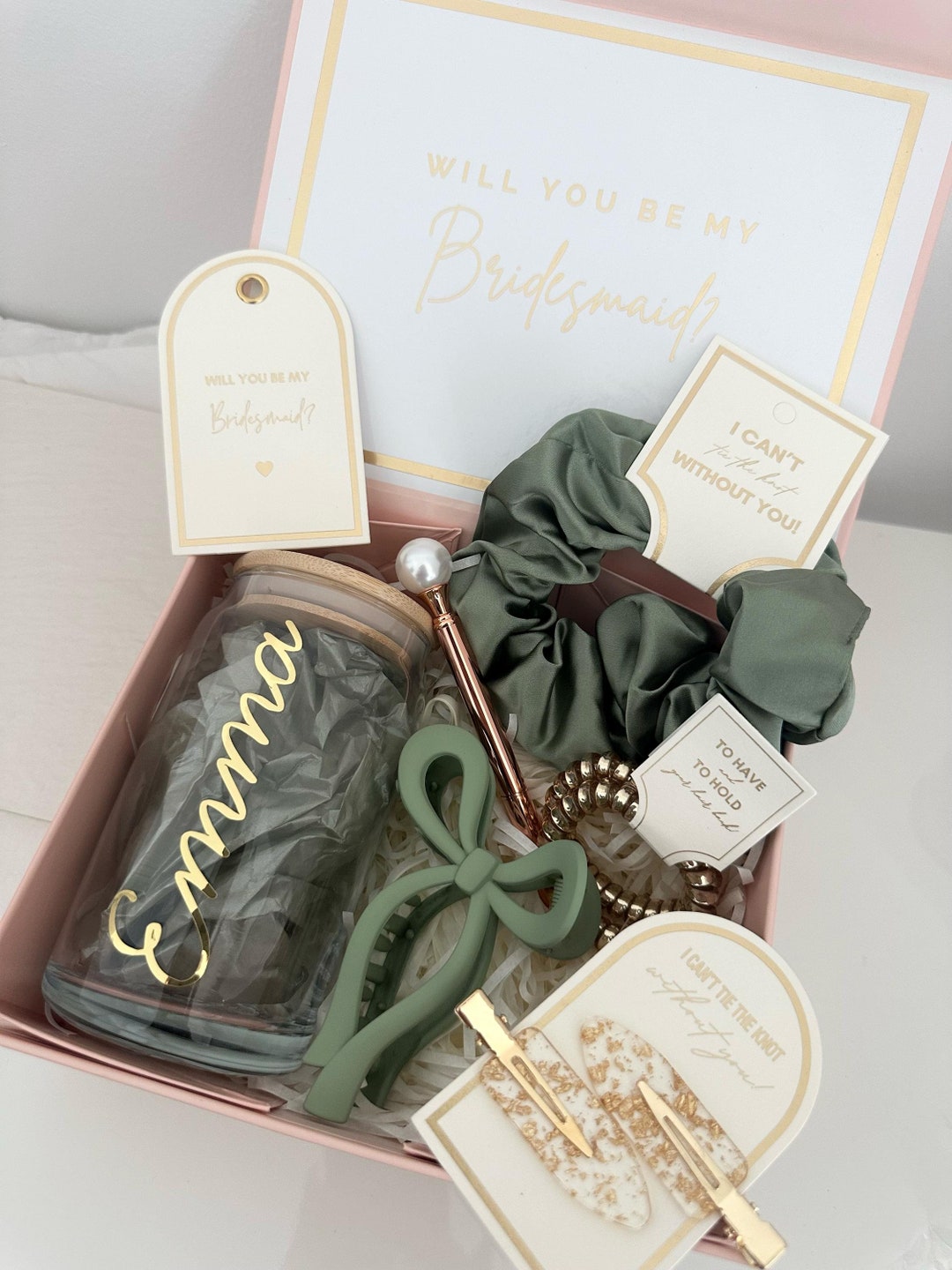Bridesmaid Proposal Box: Personalized Glass, Hair Accessories Gift Set ...