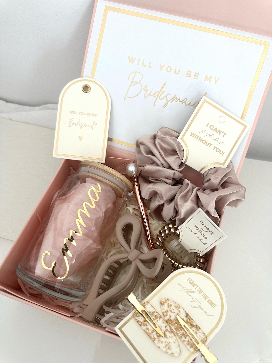 Personalized Bridesmaid Proposal Box: Glass, Scrunchie & Hair ...