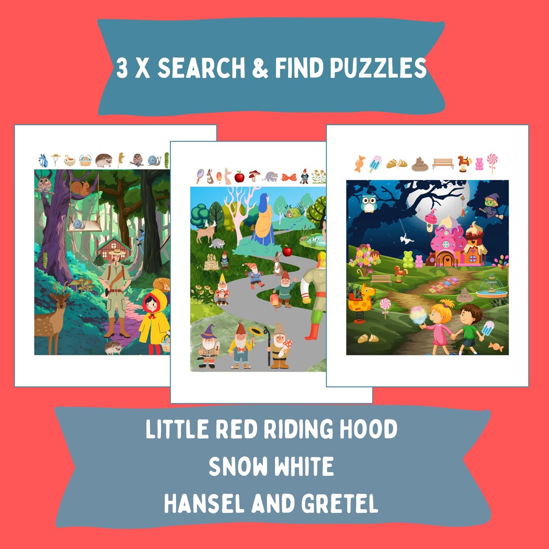 Fairy Tale Search & Find Activity Bundle, 3 Printable Puzzles for Kids ...