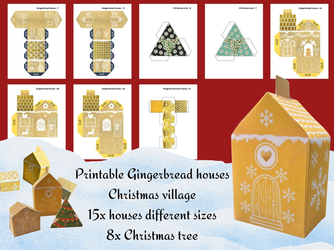 Gingerbread Houses Christmas Village Print Printable Gold Gingerbread ...