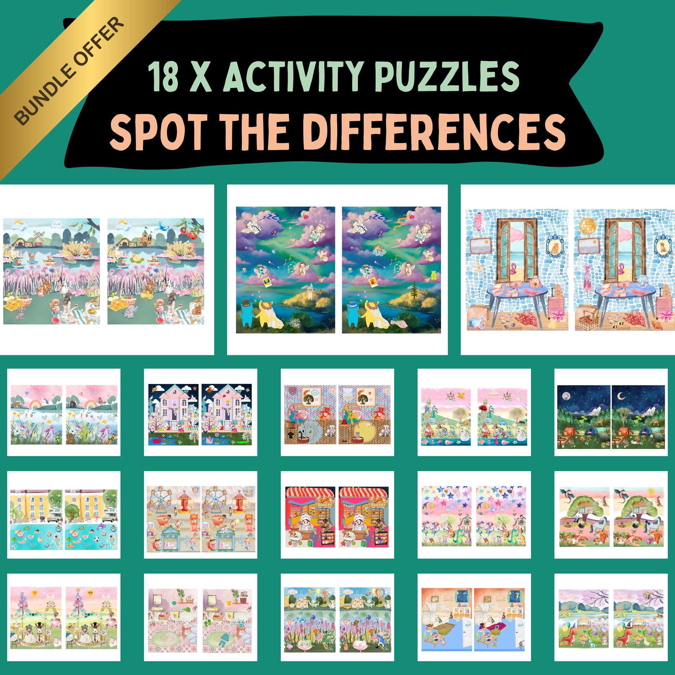 Spot the Difference Puzzles: 18 Printable Games for Kids (PDF) - Etsy