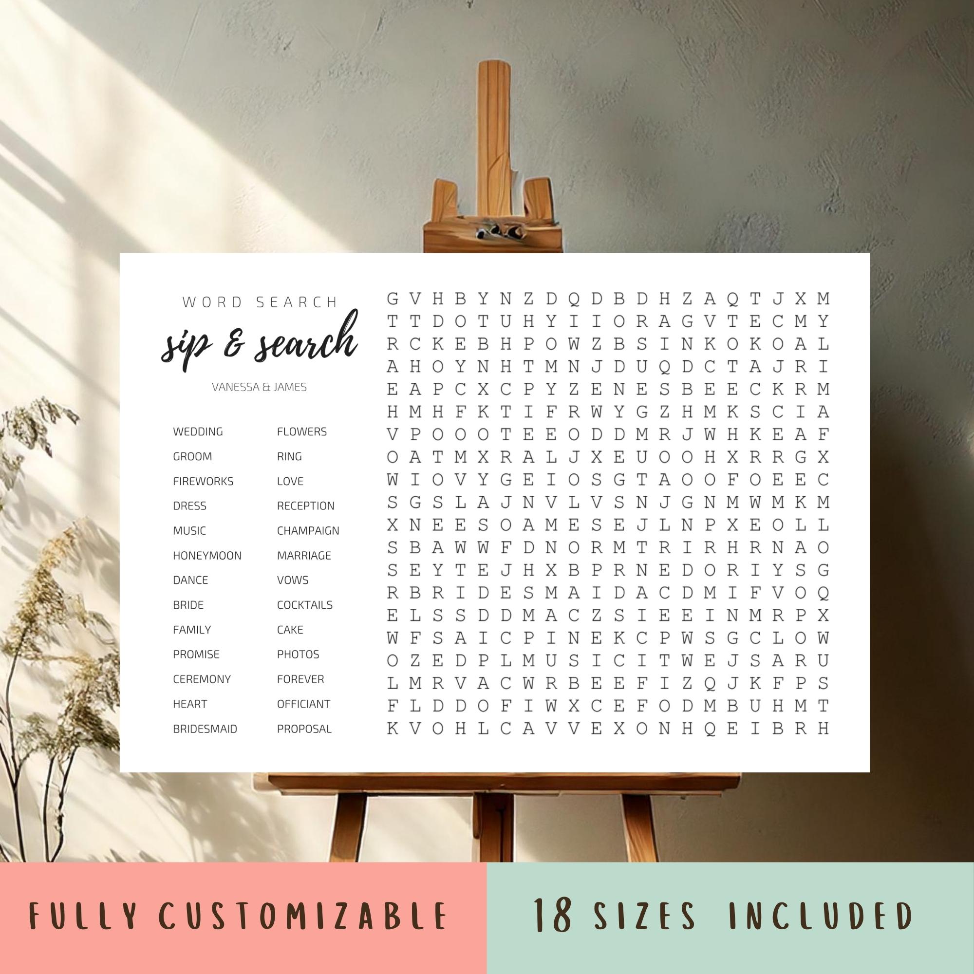 Custom Wedding Word Search Sign - Personalized Sip and Search - Bridal ...