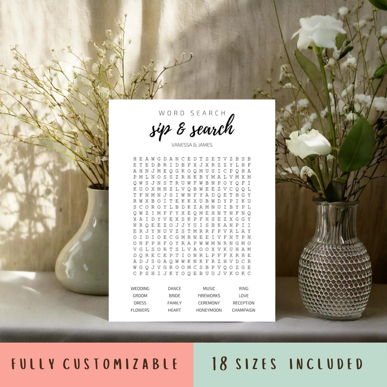 Custom Wedding Word Search Sign - Personalized Sip and Search - Bridal ...
