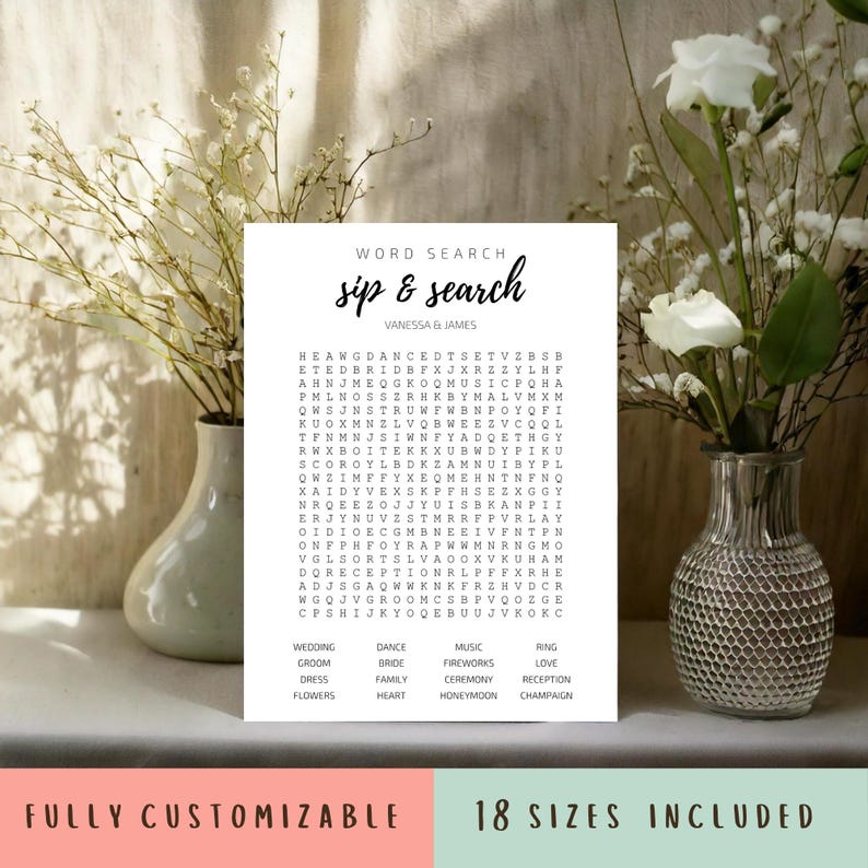 Custom Wedding Word Search Sign - Personalized Sip and Search - Bridal ...
