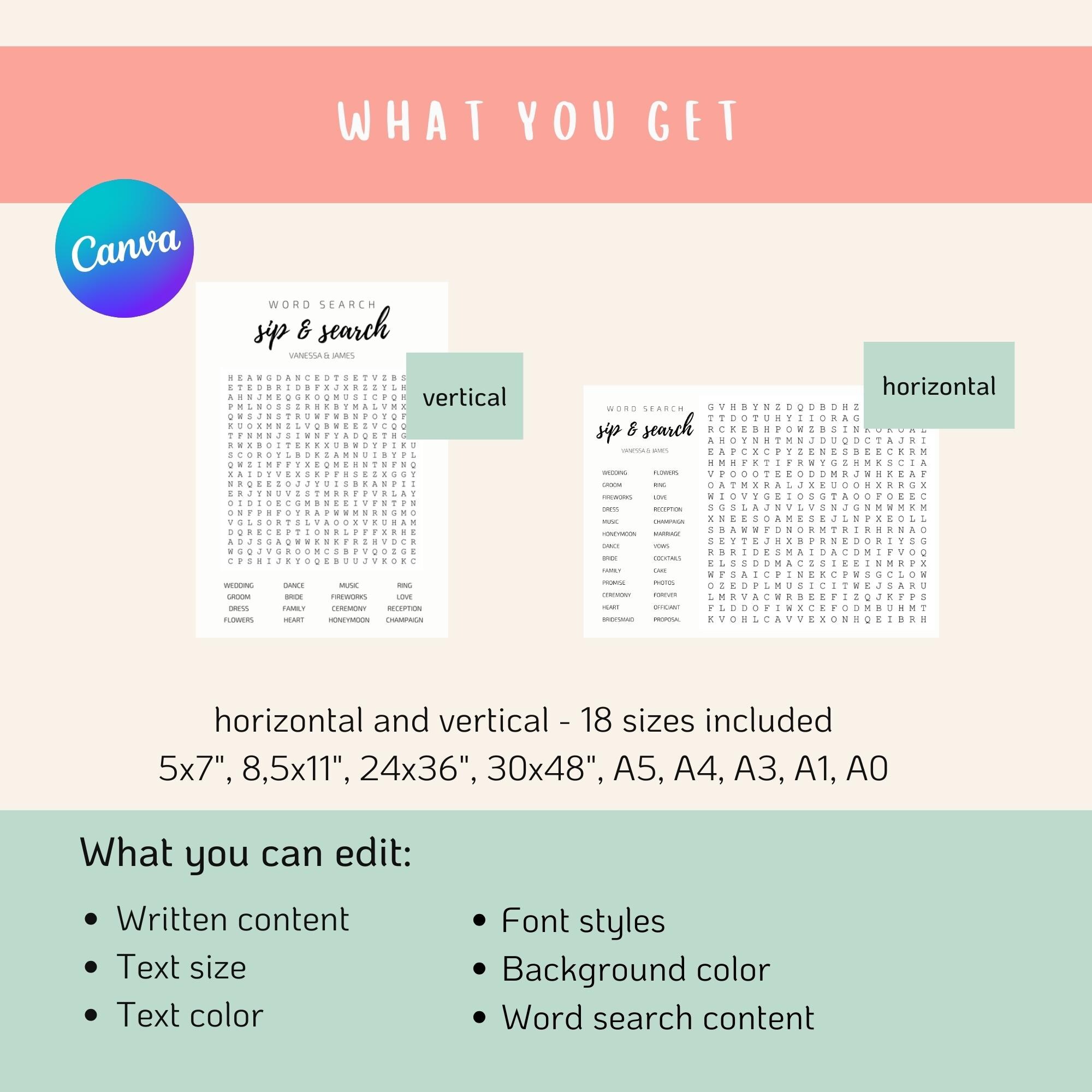 Custom Wedding Word Search Sign - Personalized Sip and Search - Bridal ...