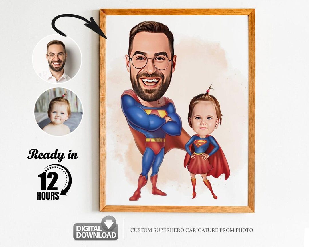 Custom Super Dad and Daughter Cartoon Portrait, Super Dad Portrait, Dad ...