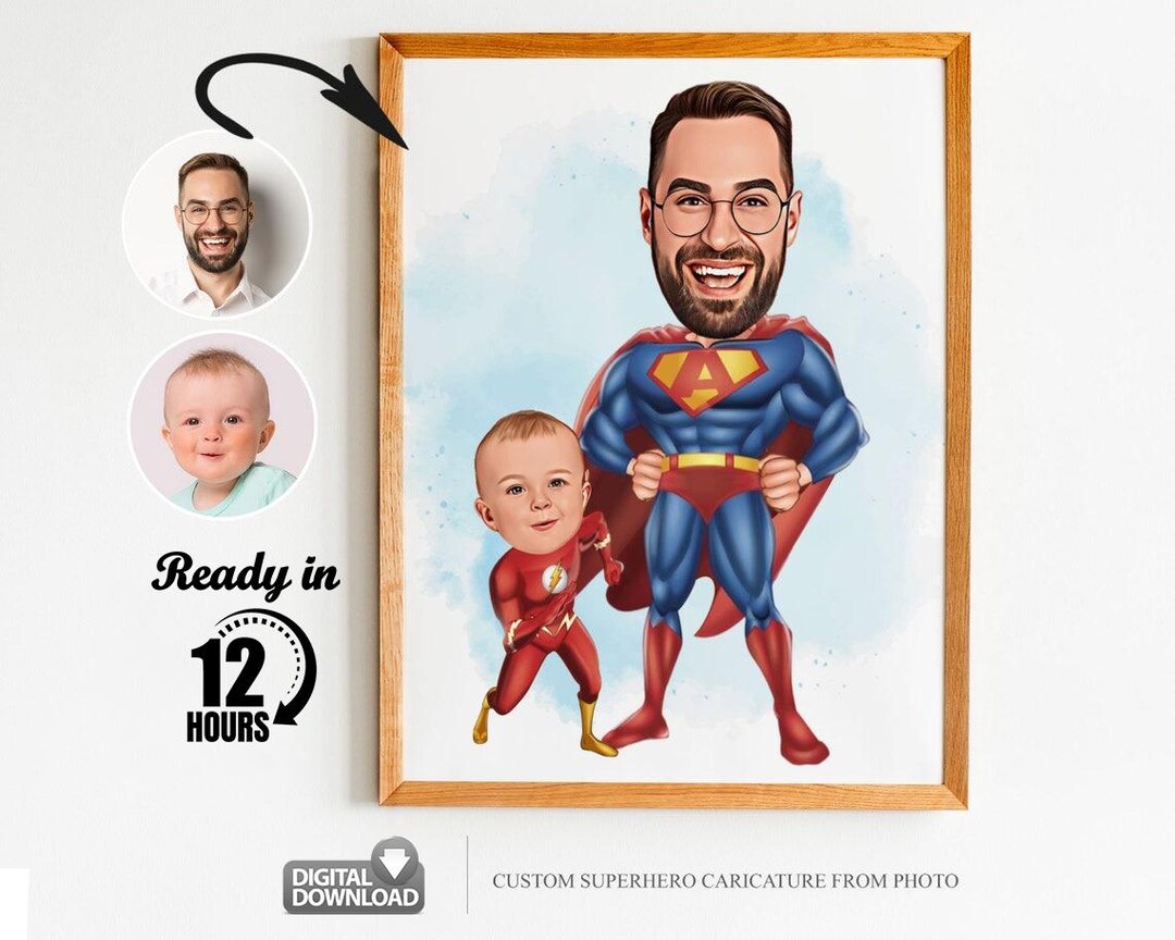Custom Super Dad and Son Cartoon Portrait, Portrait of Super Dad, Gift ...
