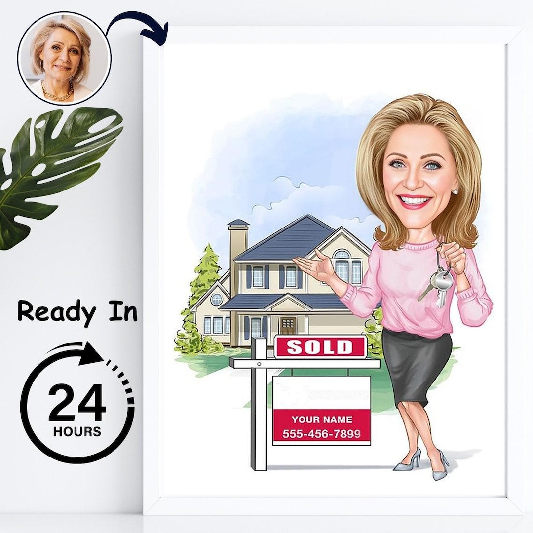 Personalized Real Estate Agent Caricature Art, Custom Realtor Cartoon ...