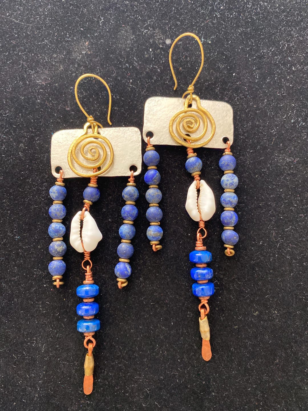Silver Brass Copper Cowrie Shell & Lapis Brass Statement Earrings - Etsy