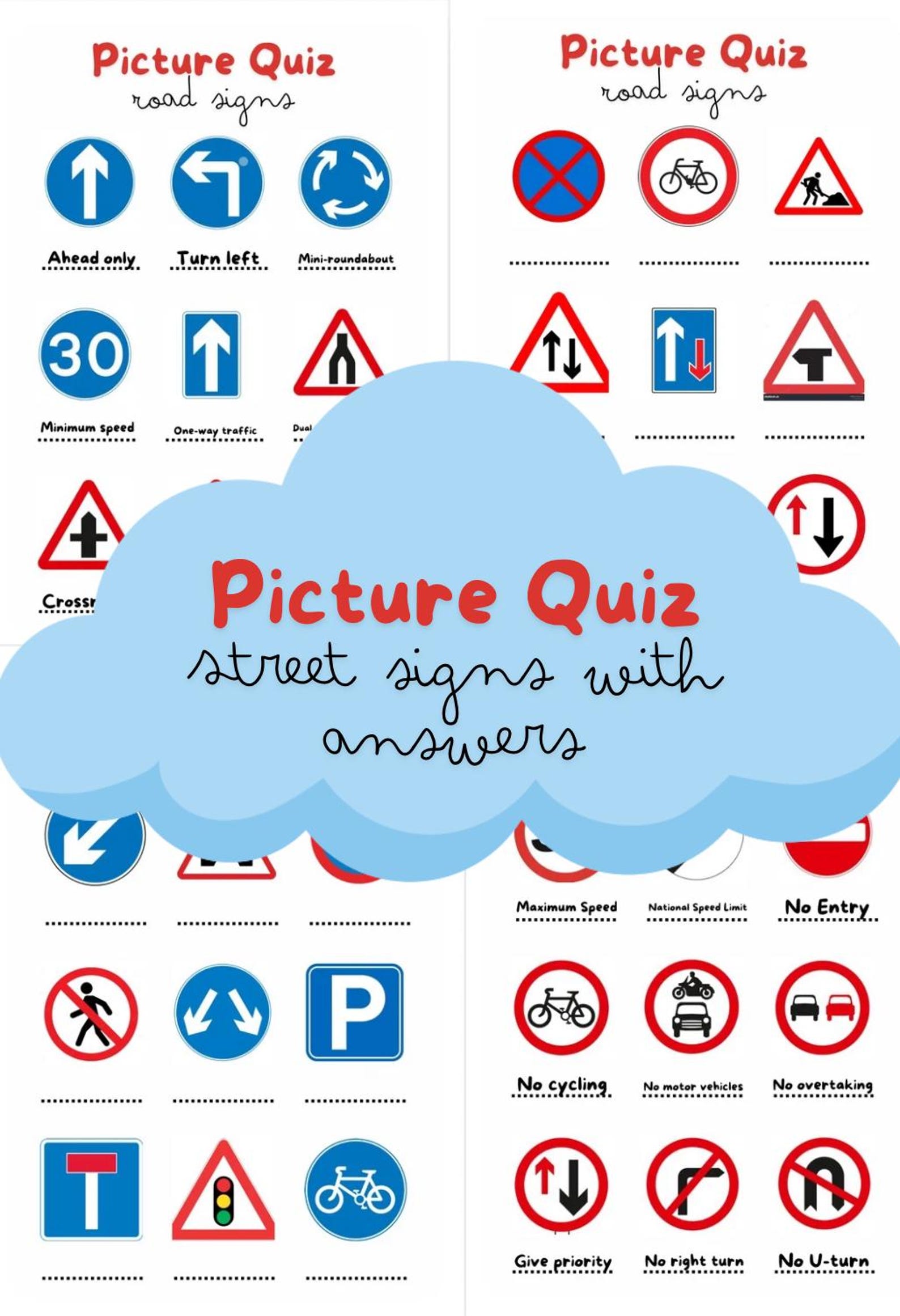 UK Road Signs Picture Quiz: Printable Driving Test Game (PDF Download ...