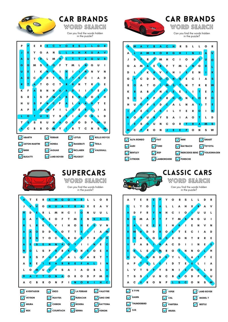 Car-themed Word Search Puzzle Bundle: 20 Printable & Digital Games - Etsy
