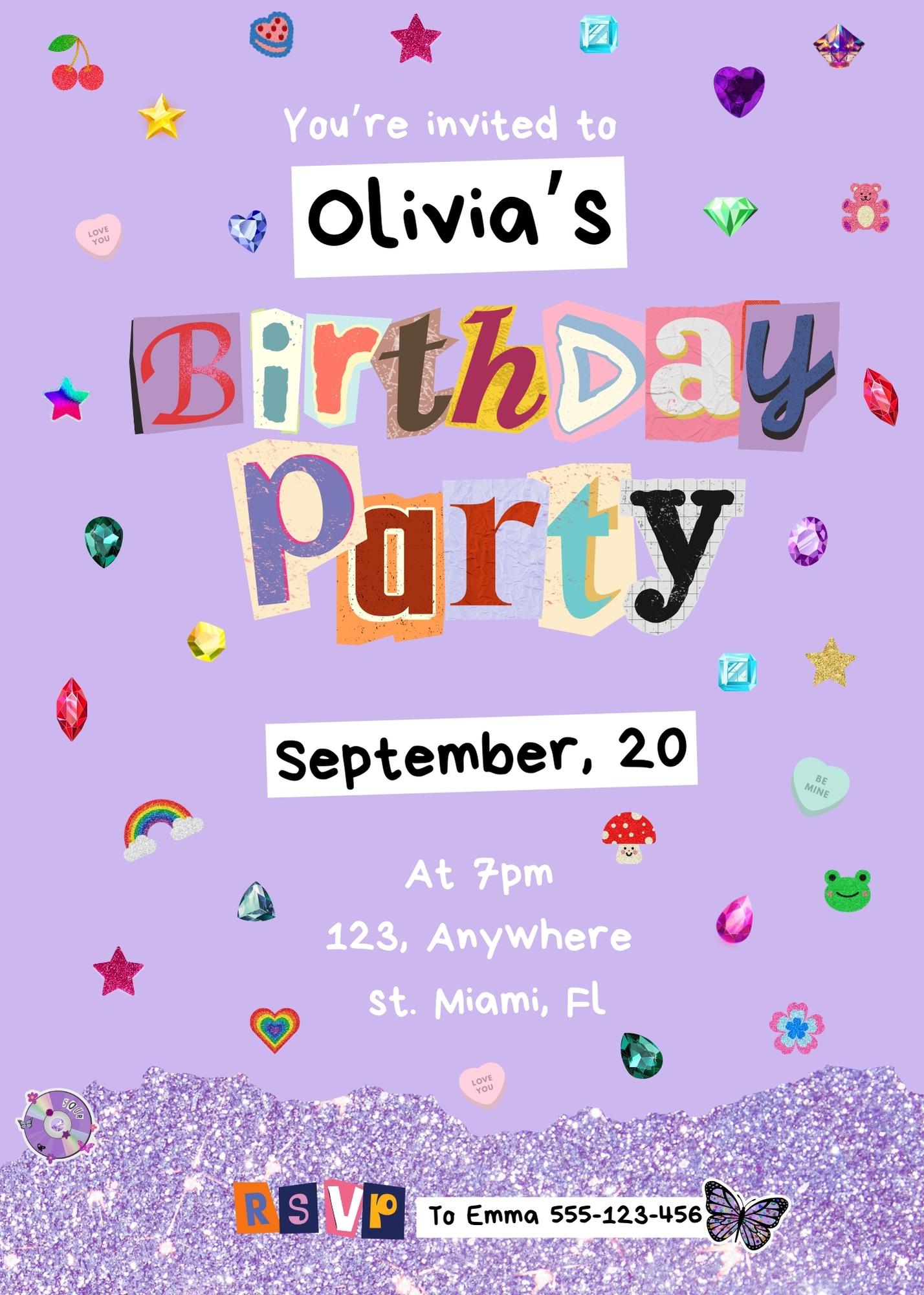 Olivia Rodrigo Inspired Birthday Invitation Template Purple Aesthetic ...