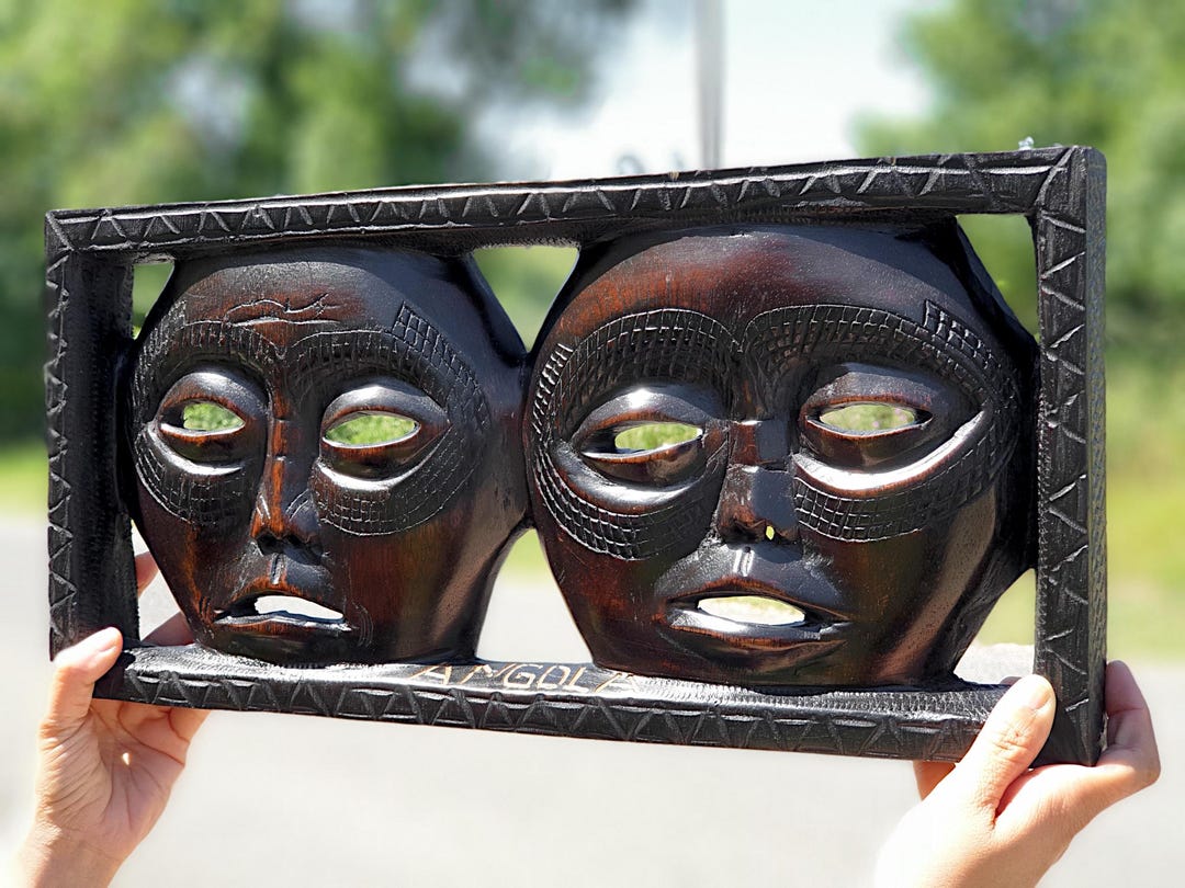 Wooden Carving Rare Vintage African Framed Mask, Angolan Handmade With ...