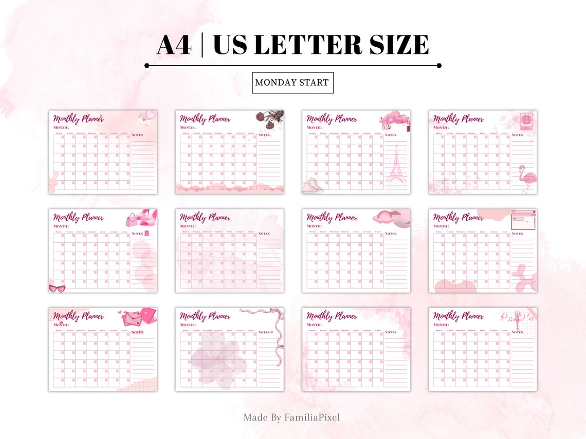 Aesthetic Pink Undated Calendar Planner 12 Monthly Designs Sunday ...
