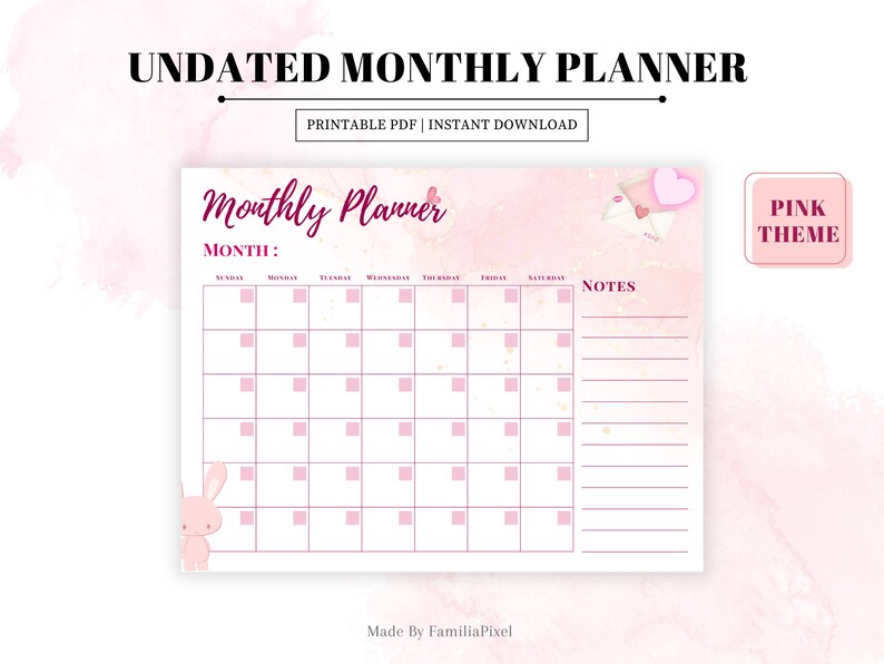 Aesthetic Pink Undated Calendar Planner 12 Monthly Designs Sunday ...