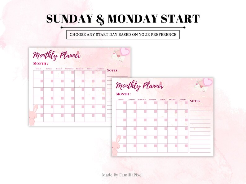 Aesthetic Pink Undated Calendar Planner 12 Monthly Designs Sunday ...