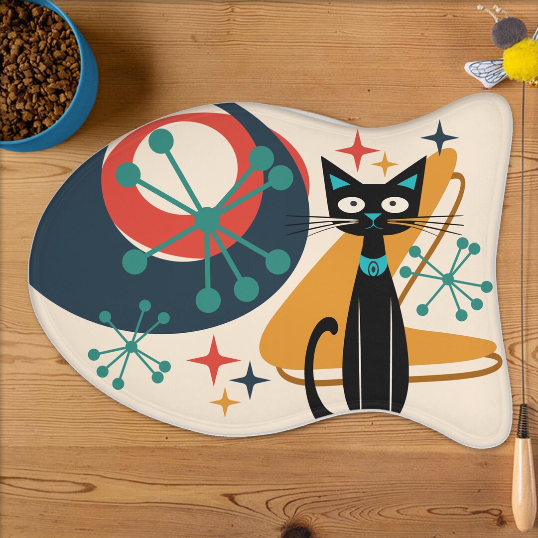 Midcentury Style Atomic Cat Feeding Mat Beige, Fish Shape Decorative ...