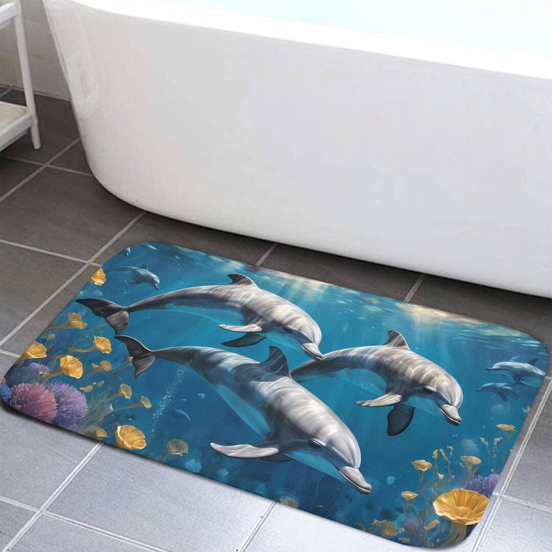 Dolphins Art Bath Mat: Sea Creature Bathroom Decor, Non-slip Mat ...