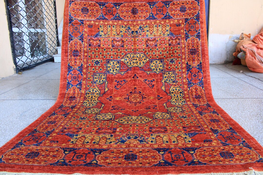Vintage Orange Afghan Rug: 5x7 Wool Turkmen Mumluk Rug - Etsy