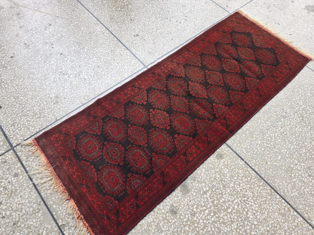 Handmade Wool Afghan Runner Rug, Turkmen Tribal Design, Vintage Sariqi ...