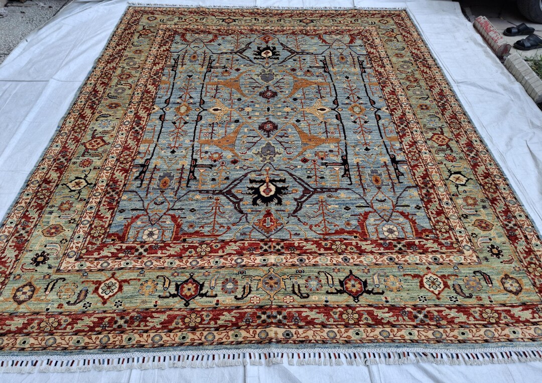 Light Blue Afghan Rug: Handmade Turkmen Wool, Oriental Design (8x10 Ft ...