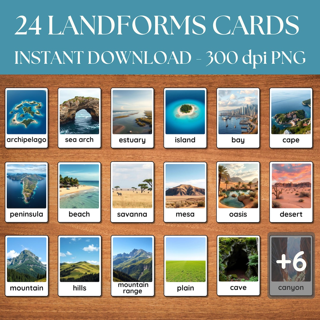 24 Landforms Flashcards for Kids, Landforms, Landform Cards Montessori ...