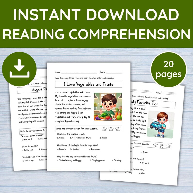 20 Reading Comprehension Worksheets for Grade 1-3 Short Stories With ...