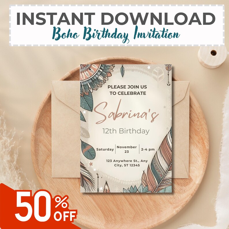 Boho Party Invitation, Boho Birthday Party Invitation, Boho Chic ...