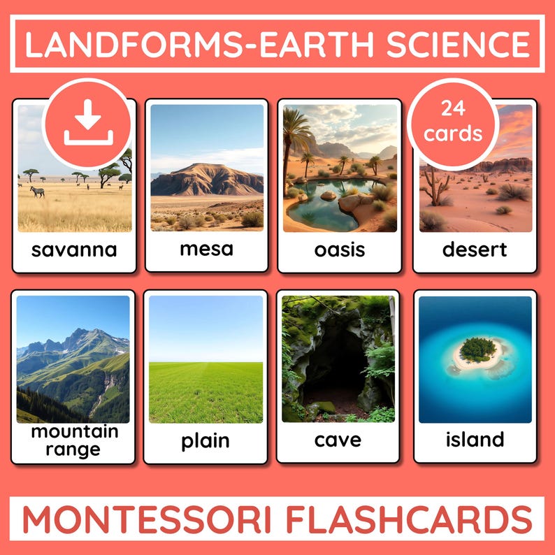 Landform Flashcards Printable | Montessori Geography Cards With Real ...