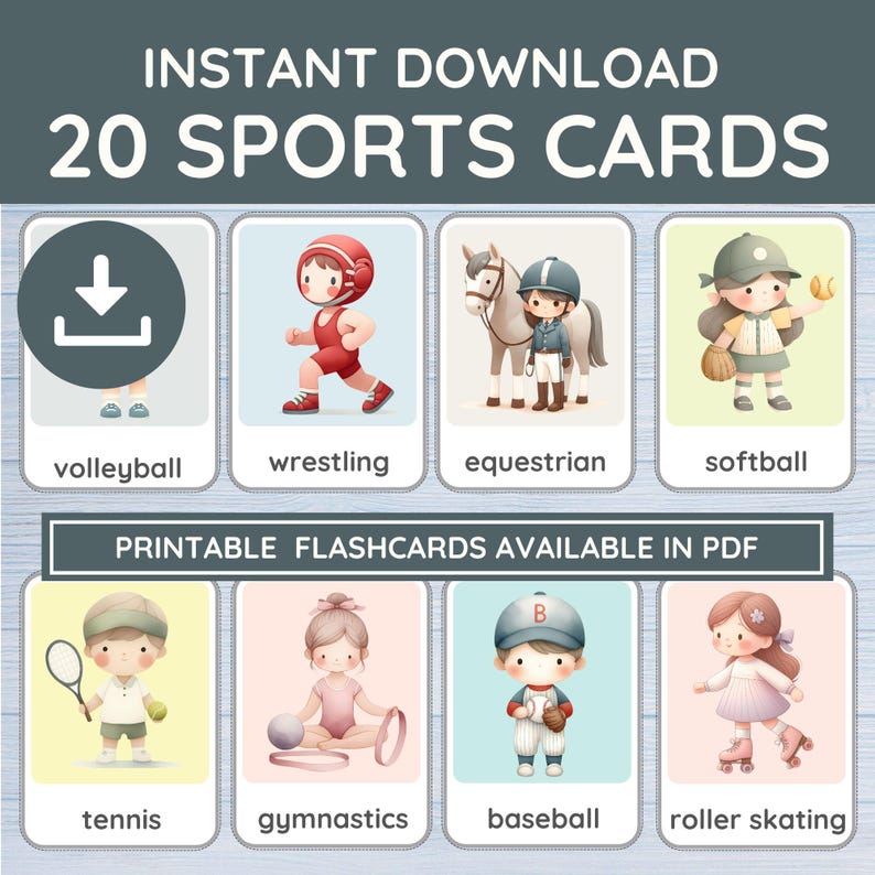 20 Watercolor Sports Flashcards for Kids, Digital Classroom Posters and ...