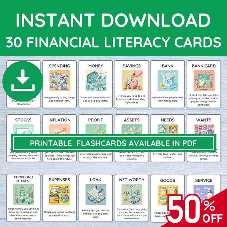 30 Financial Literacy Flashcards for Kids, Money Management Skills ...