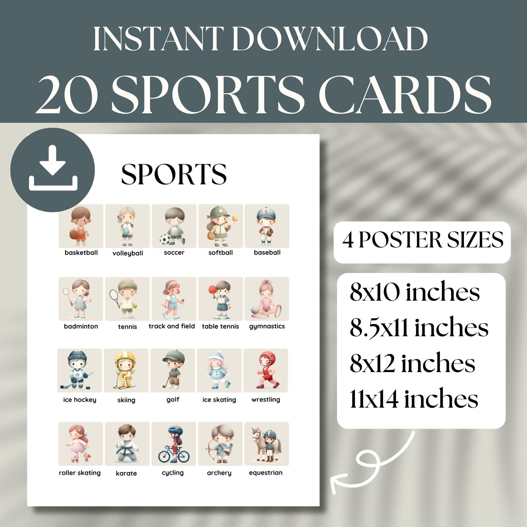 20 Watercolor Sports Flashcards for Kids, Digital Classroom Posters and ...