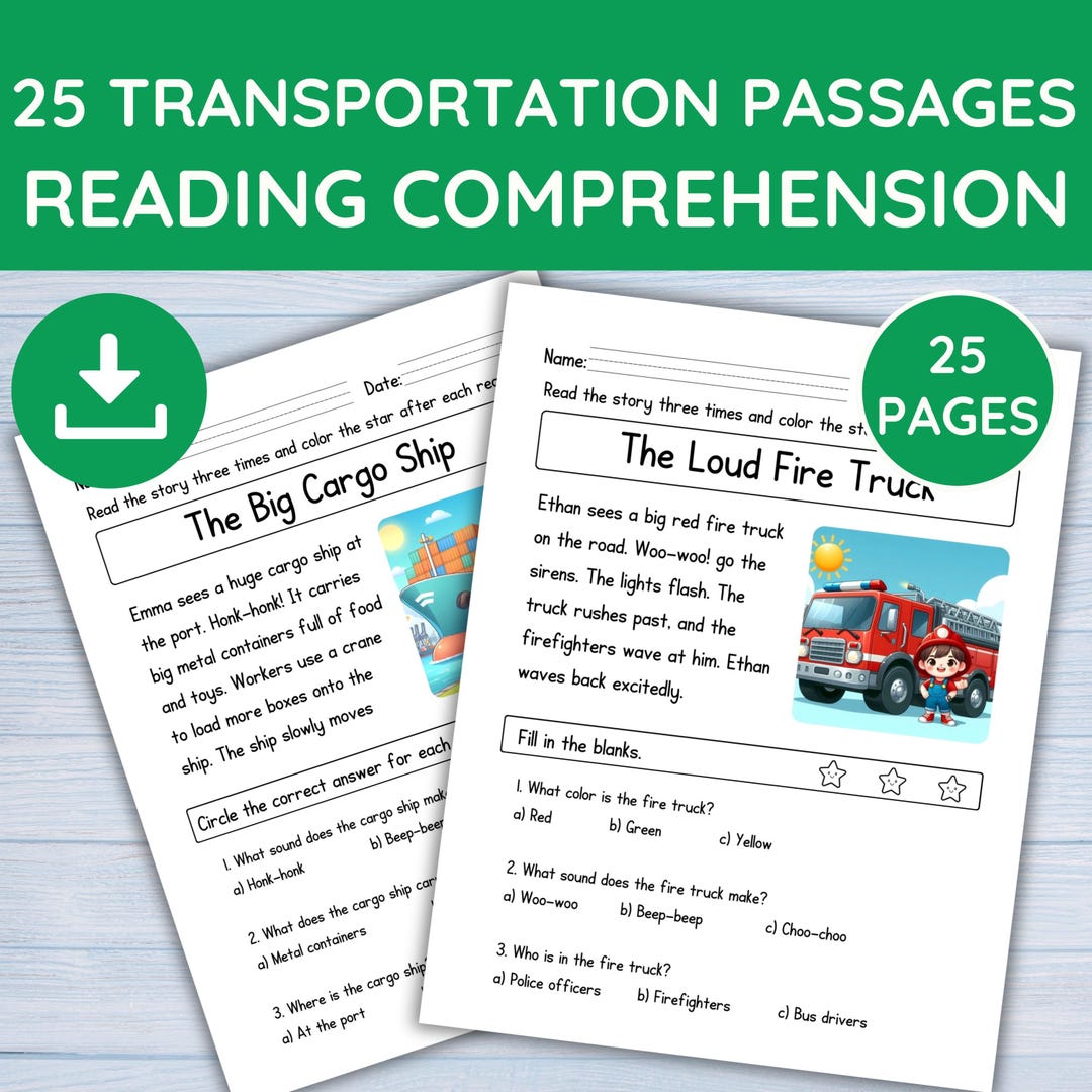 25 Transportation Reading Comprehension Worksheets for Kids, Short ...