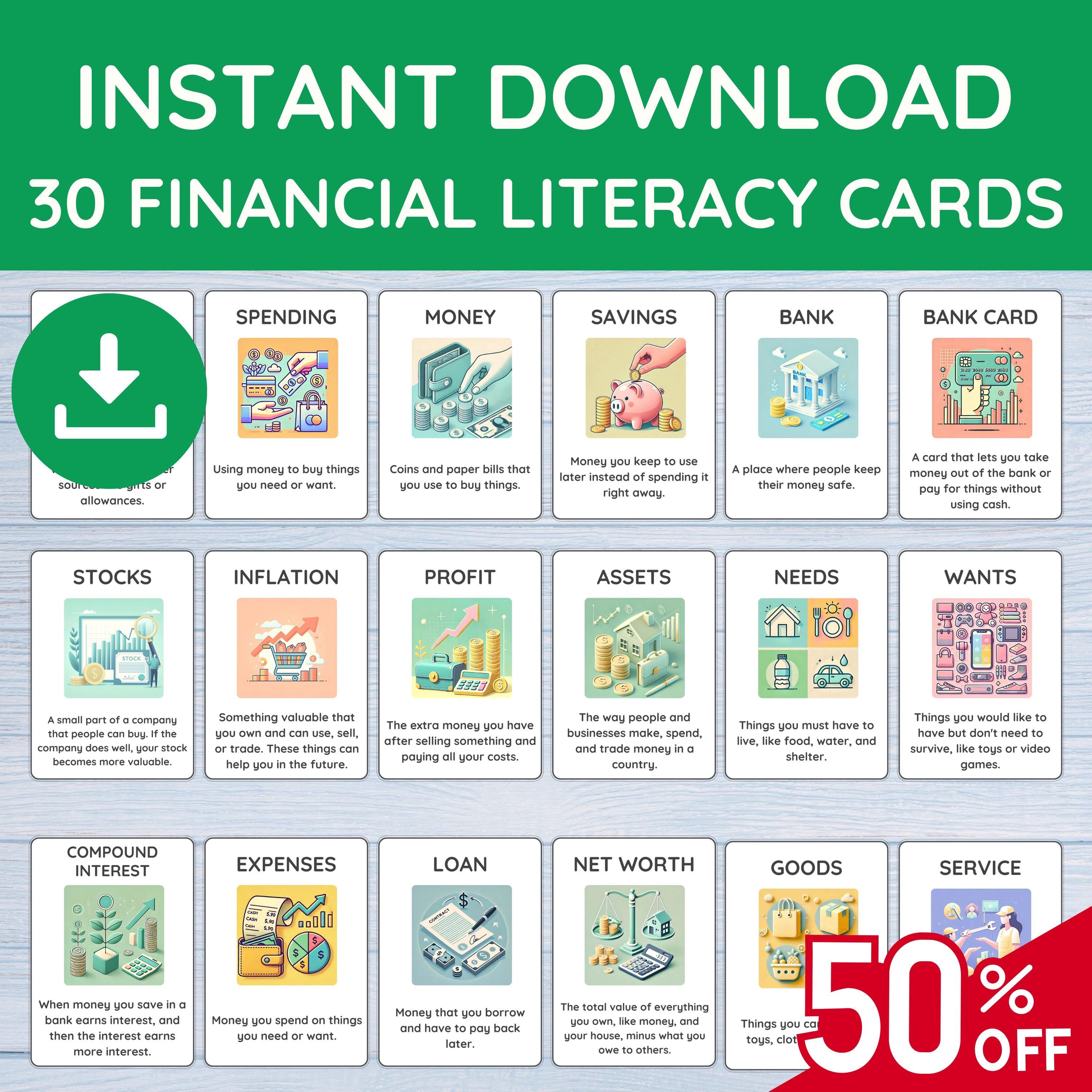 30 Financial Literacy Flashcards for Kids, Money Management Skills ...