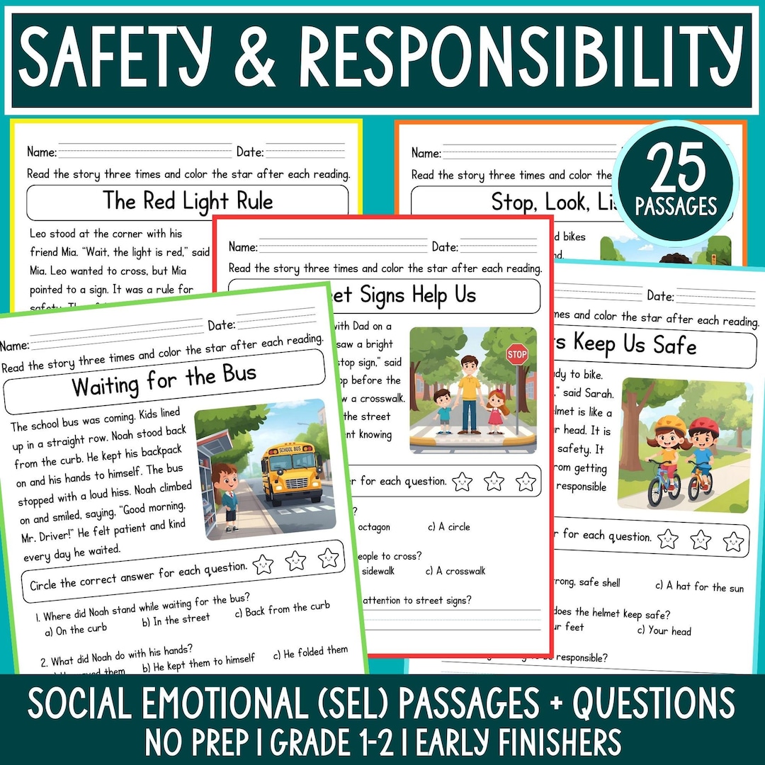 Safety & Responsibility Reading Comprehension Activity Worksheets Prek ...