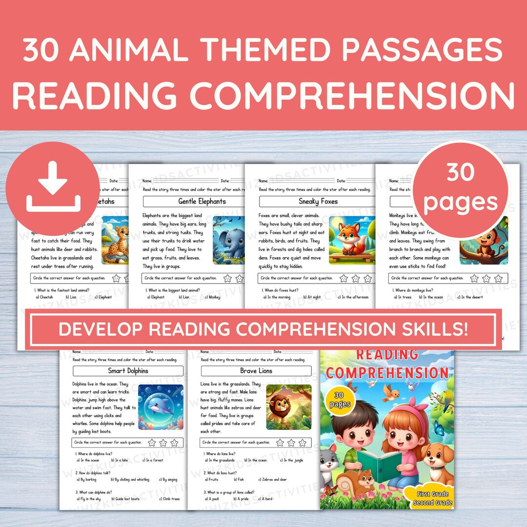 30 Animal- Theme Reading Comprehension Worksheets for Kids, Short ...