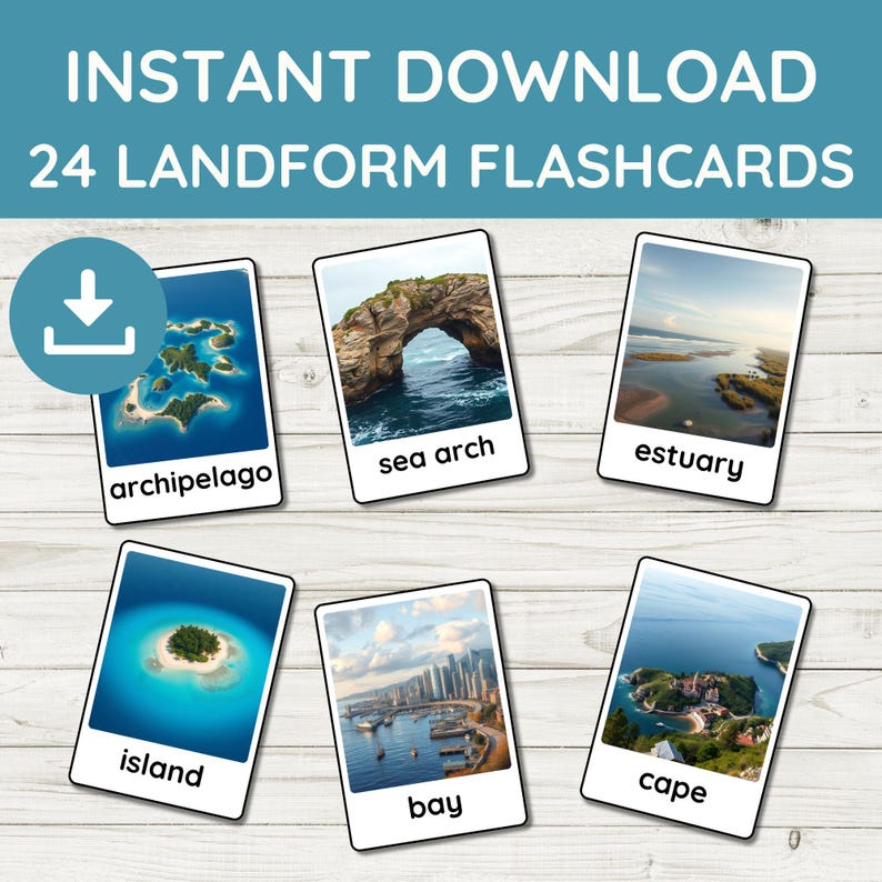 24 Landforms Montessori Flashcards for Kids | Real Pictures | Earth ...