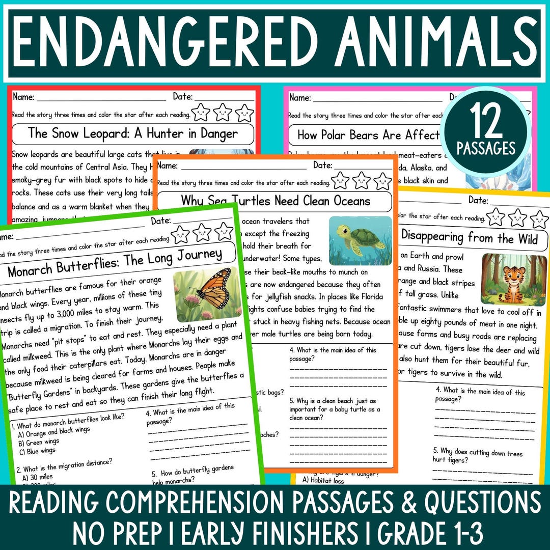 Endangered Animals Reading Comprehension Passages & Questions for 2nd ...