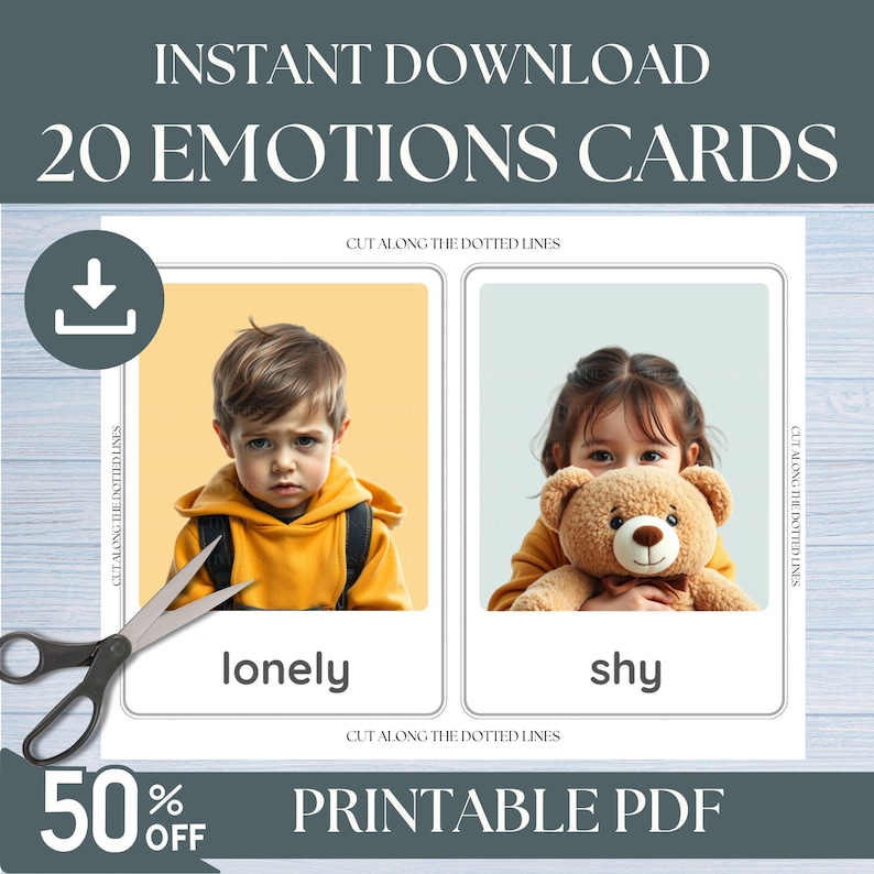 20 Emotions Flashcards for Kids, Printable Feelings Flashcards, Social ...