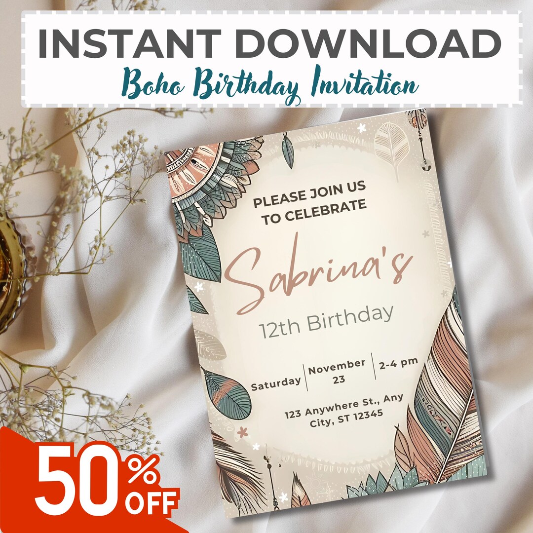 Boho Party Invitation, Boho Birthday Party Invitation, Boho Chic ...