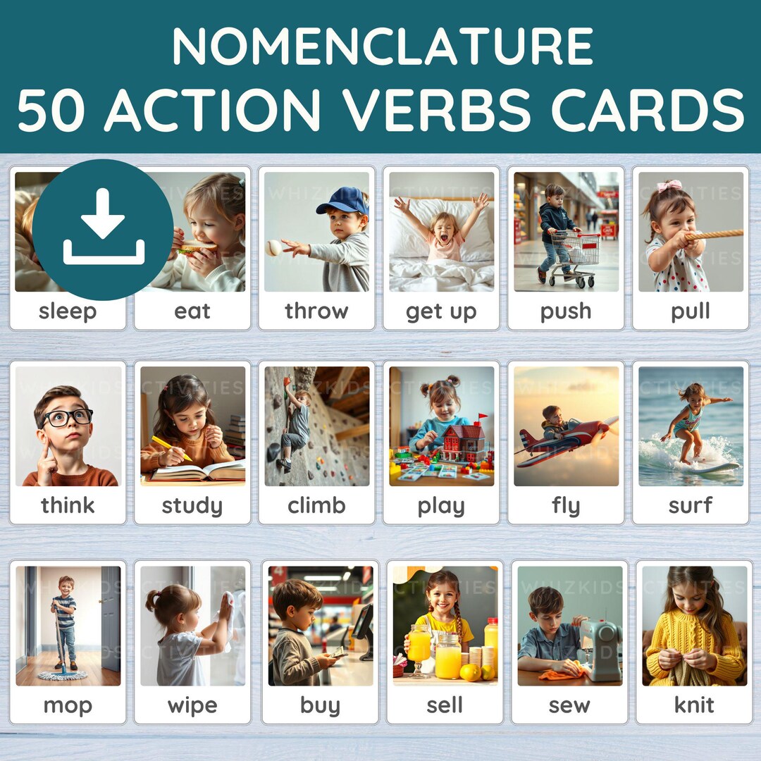 50 Most Common Action Verbs Flashcards for Kids, ESL Action Verbs ...